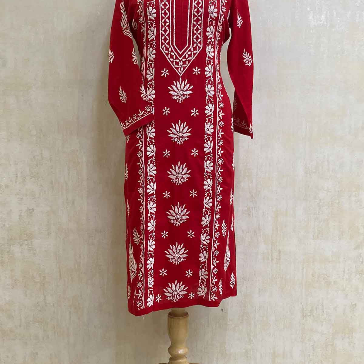 Women's Lakhnavi Handcrafted Red Cotton Chikankari Kurti - HONC020795