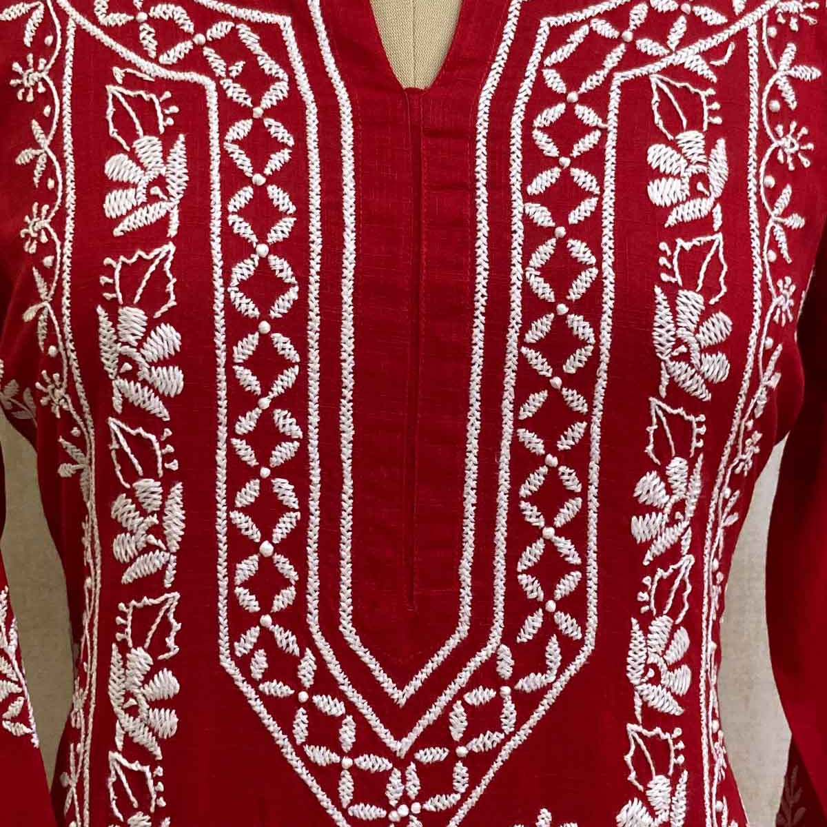 Women's Lakhnavi Handcrafted Red Cotton Chikankari Kurti - HONC020795