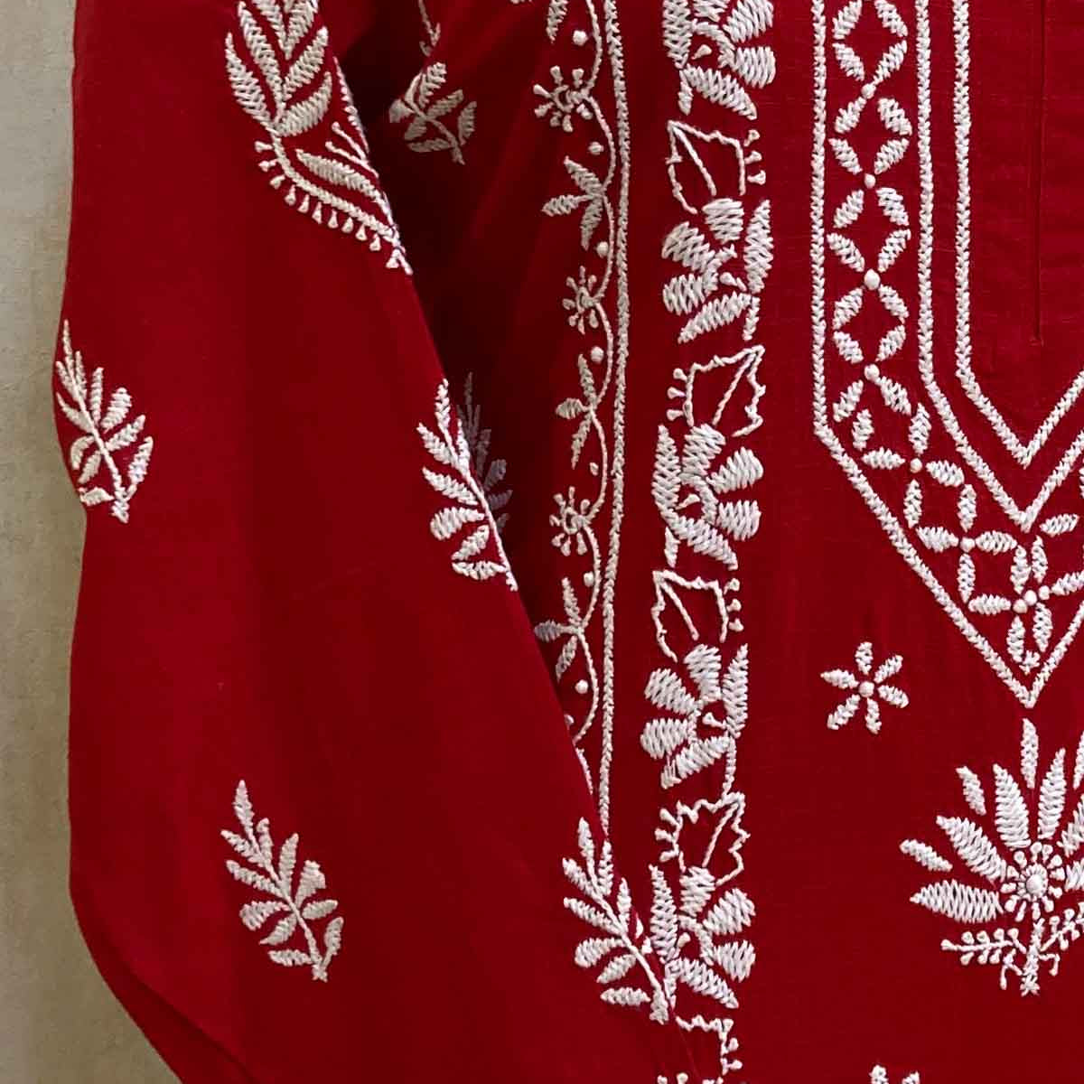 Women's Lakhnavi Handcrafted Red Cotton Chikankari Kurti - HONC020795